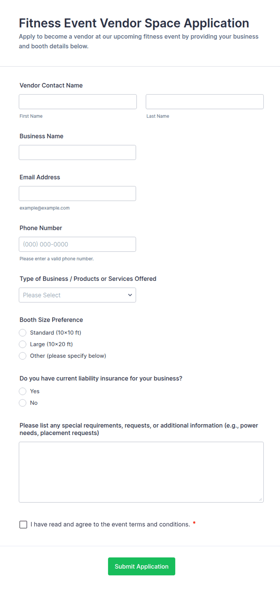 Fitness Event Vendor Space Application Form Template | Jotform