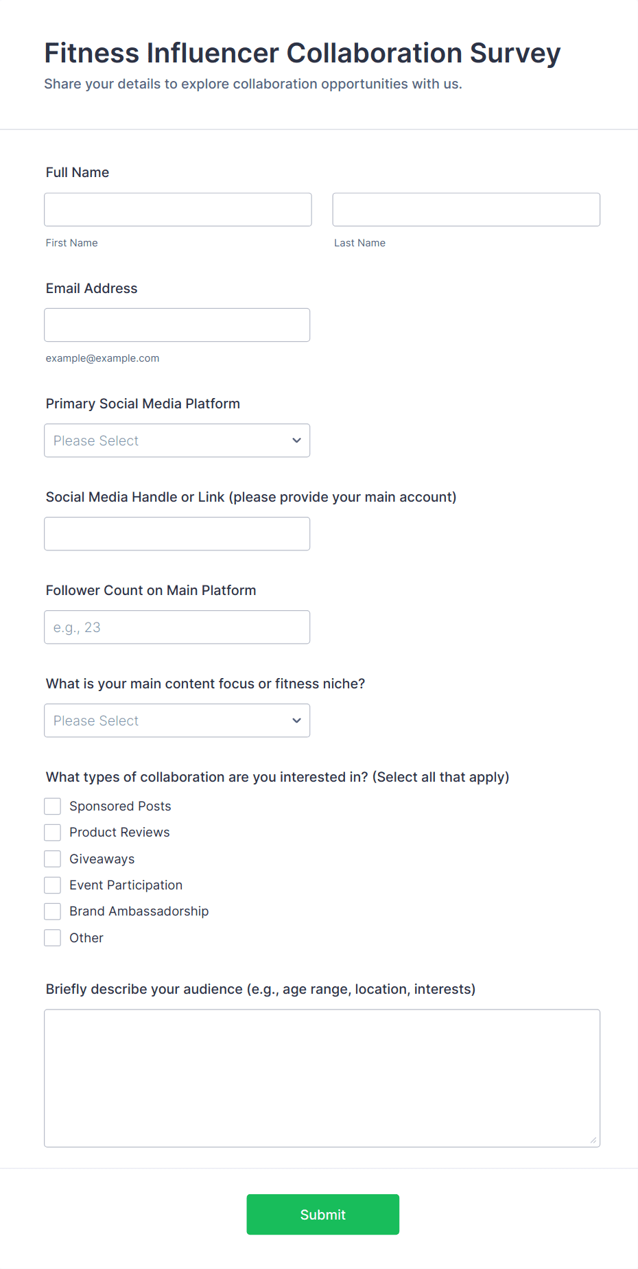 Fitness Influencer Collaboration Survey Form Template | Jotform