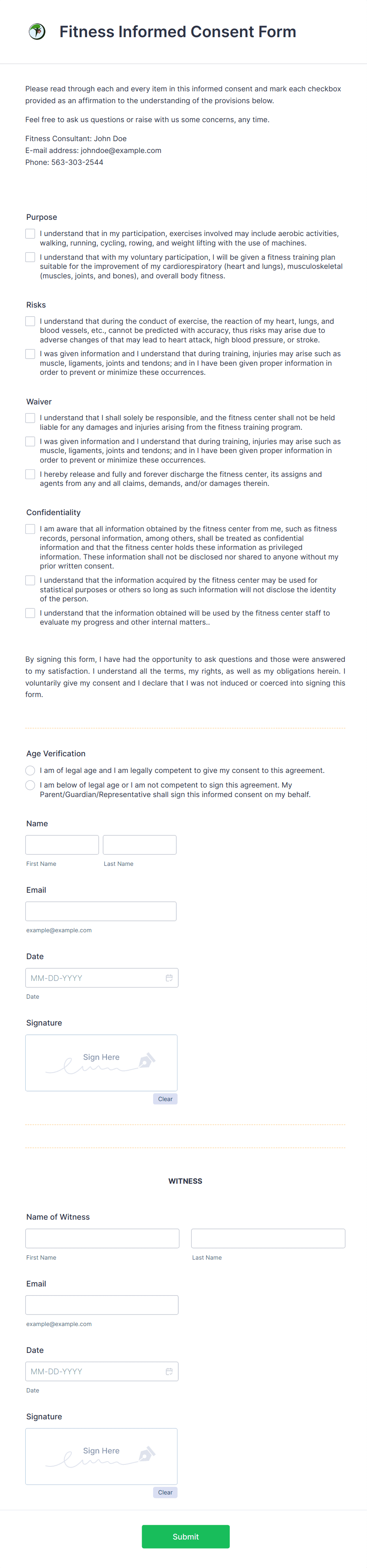 Fitness Informed Consent Form Template | Jotform