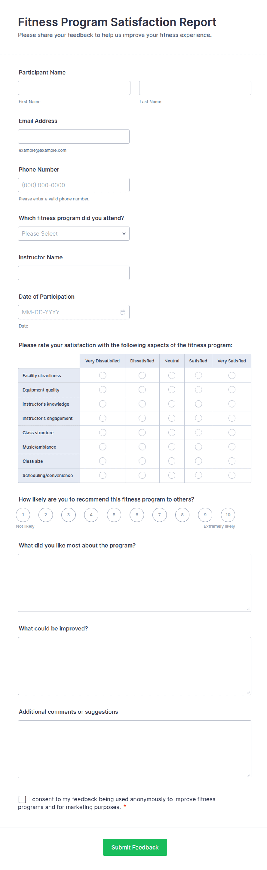 Fitness Program Satisfaction Report Form Template | Jotform