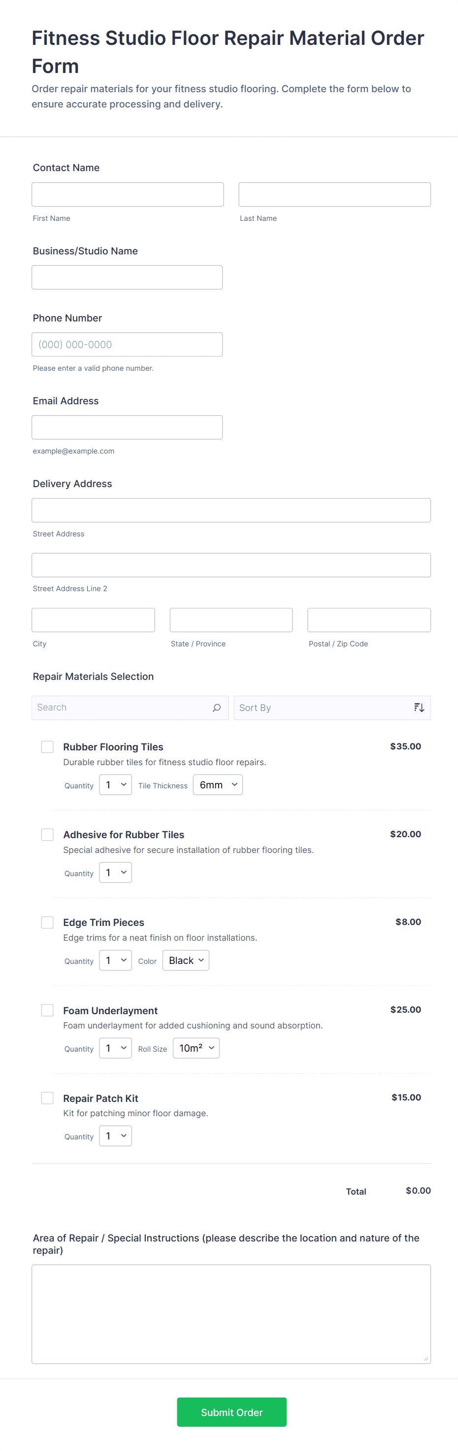 Fitness Studio Floor Repair Material Order Form Template | Jotform
