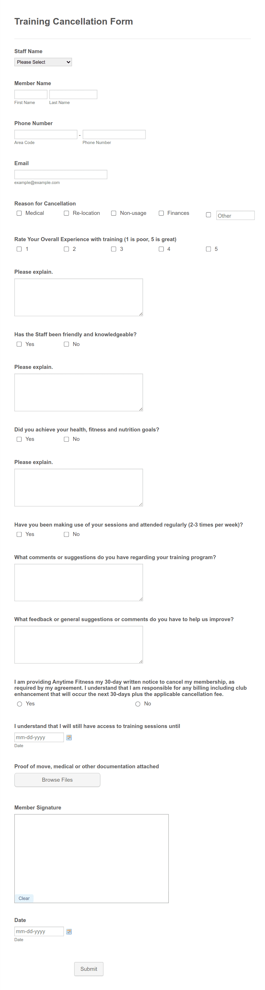 Fitness Training Cancellation Form Template | Jotform