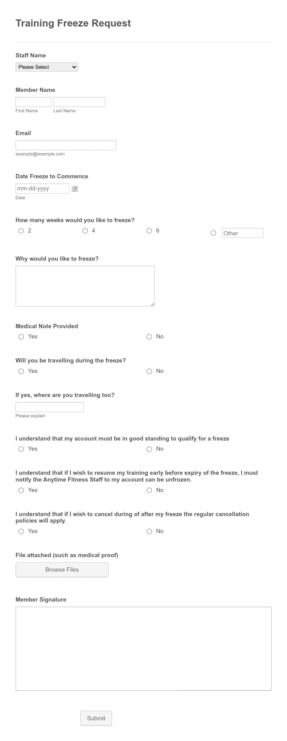 AF Fitness Training Freeze Form Template | Jotform