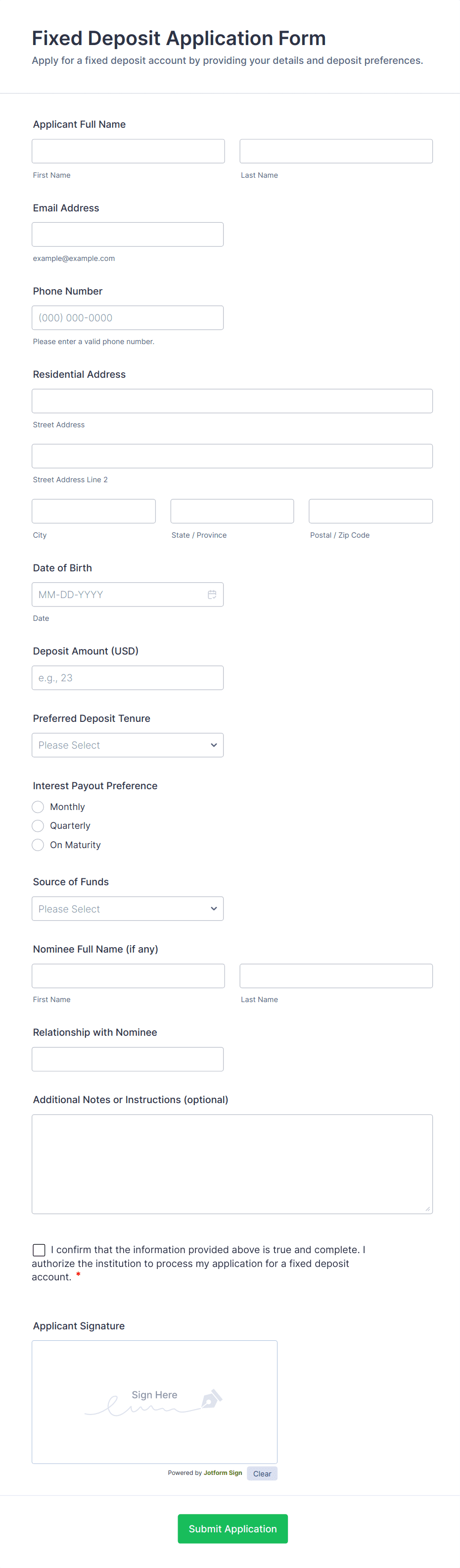 Fixed Deposit Application Form Template | Jotform