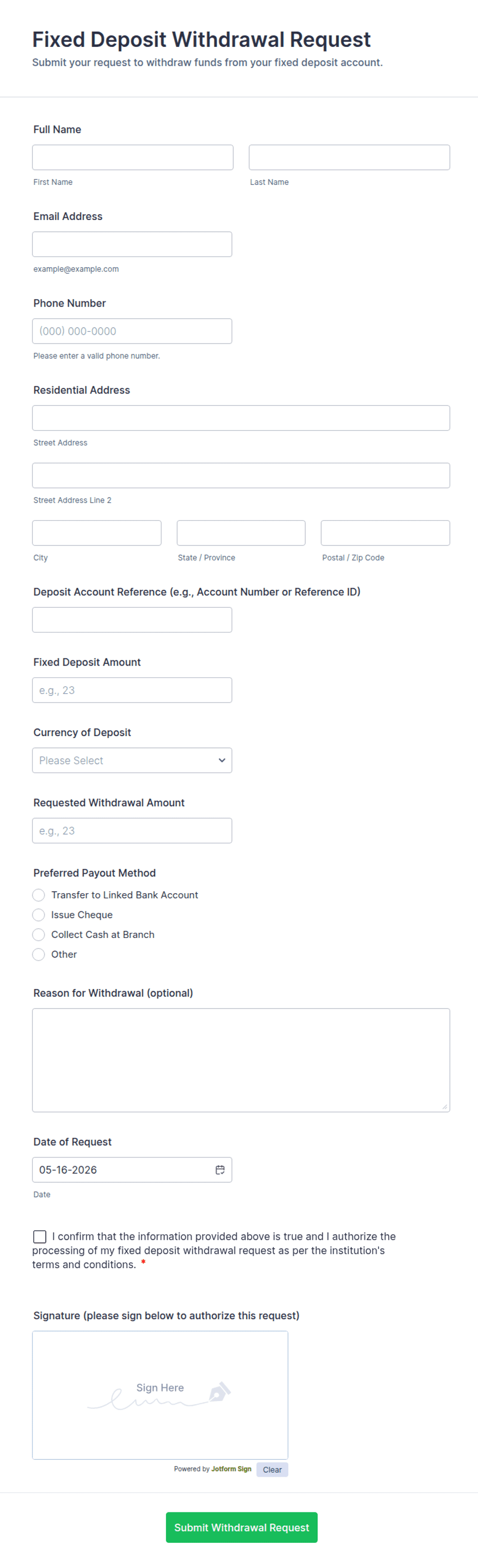Fixed Deposit Withdrawal Request Form Template | Jotform