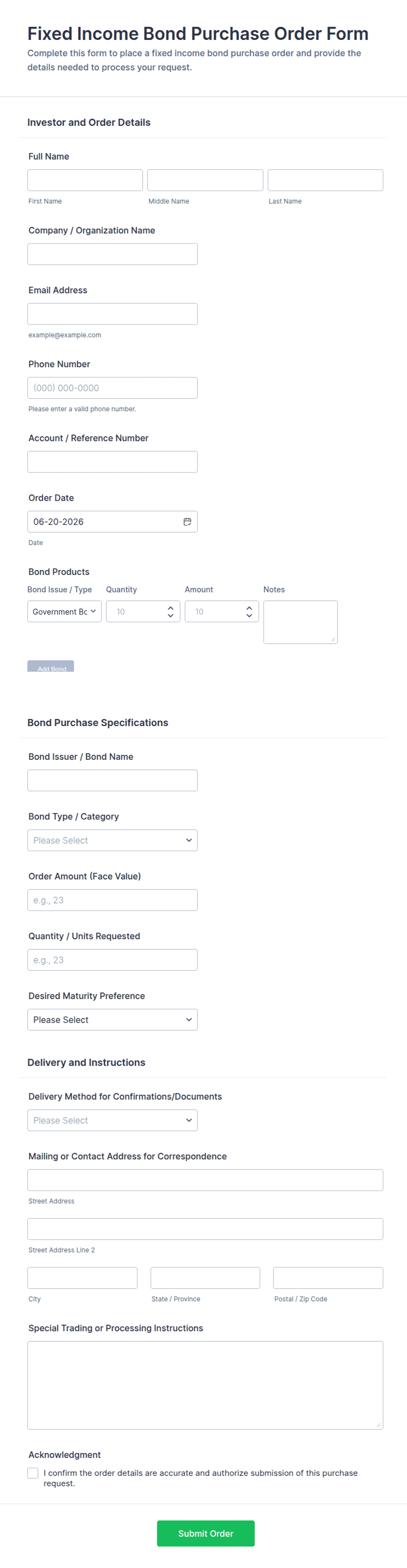 Fixed Income Bond Purchase Order Form Template | Jotform