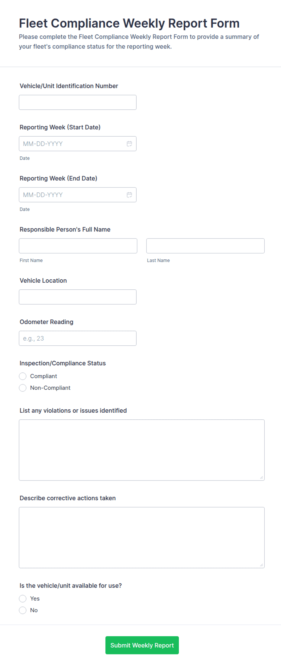 Fleet Compliance Weekly Report Form Template | Jotform