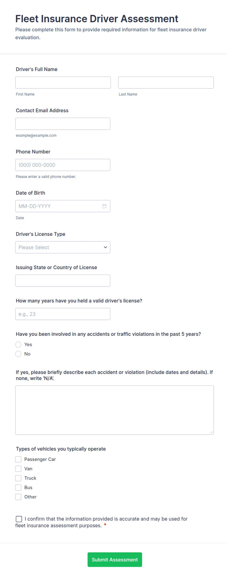 Fleet Insurance Driver Assessment Form Template | Jotform