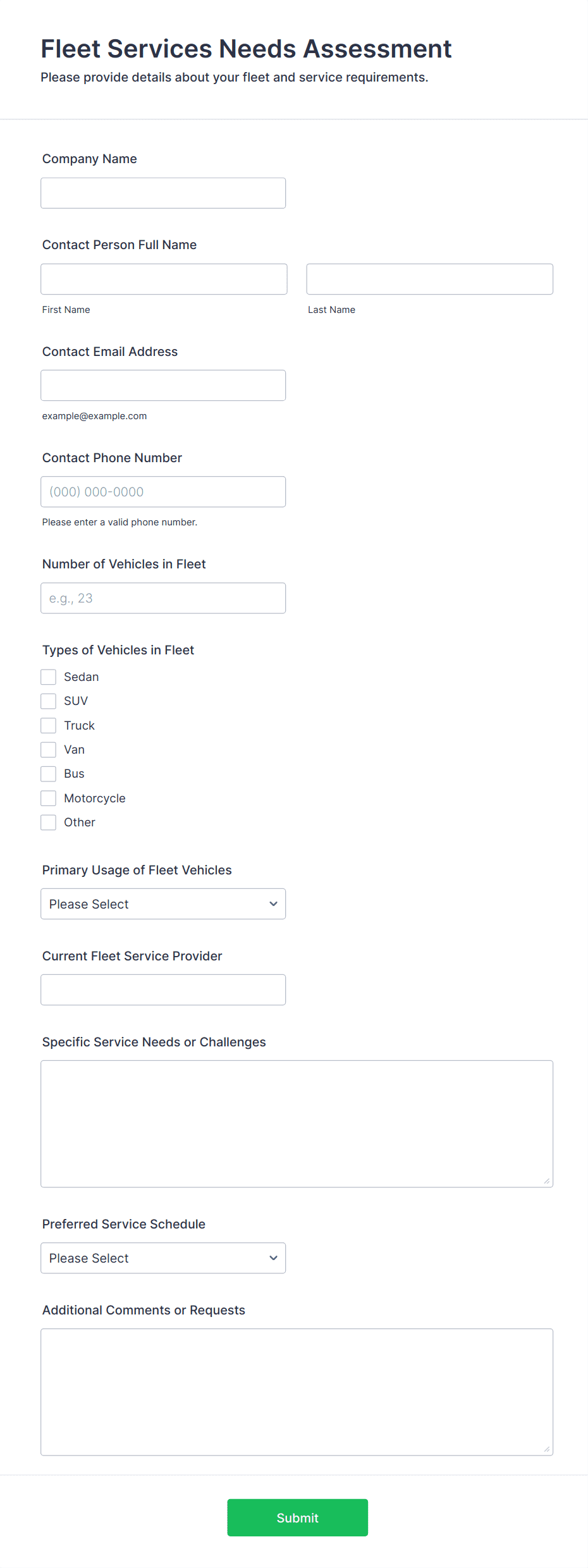 Fleet Services Needs Assessment Form Template | Jotform