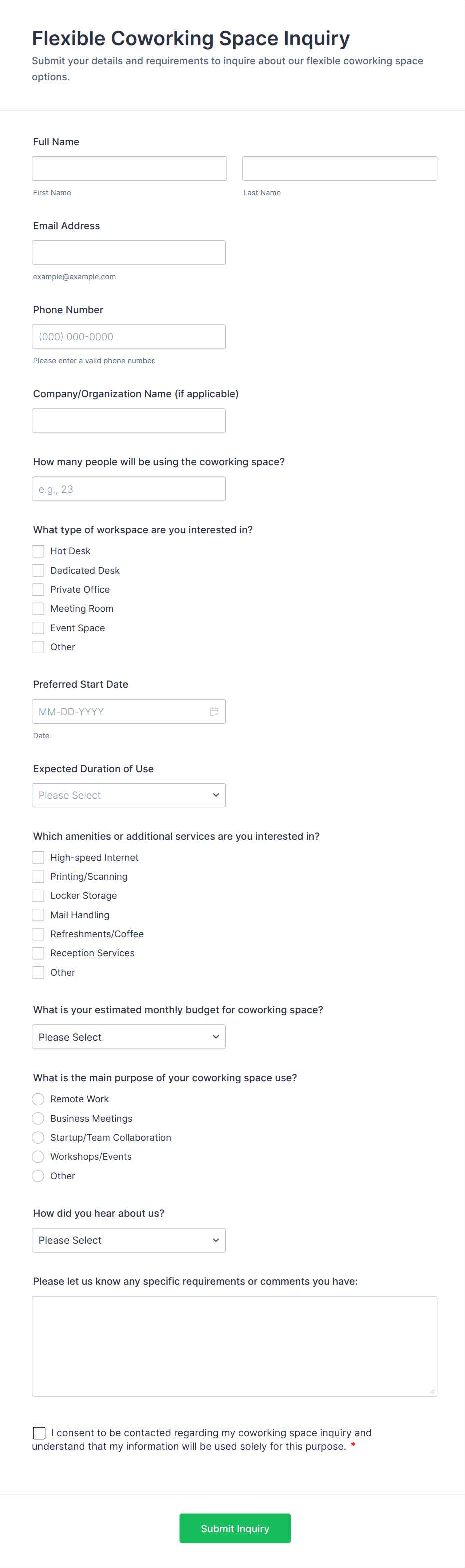 Flexible Coworking Space Inquiry Form Template | Jotform