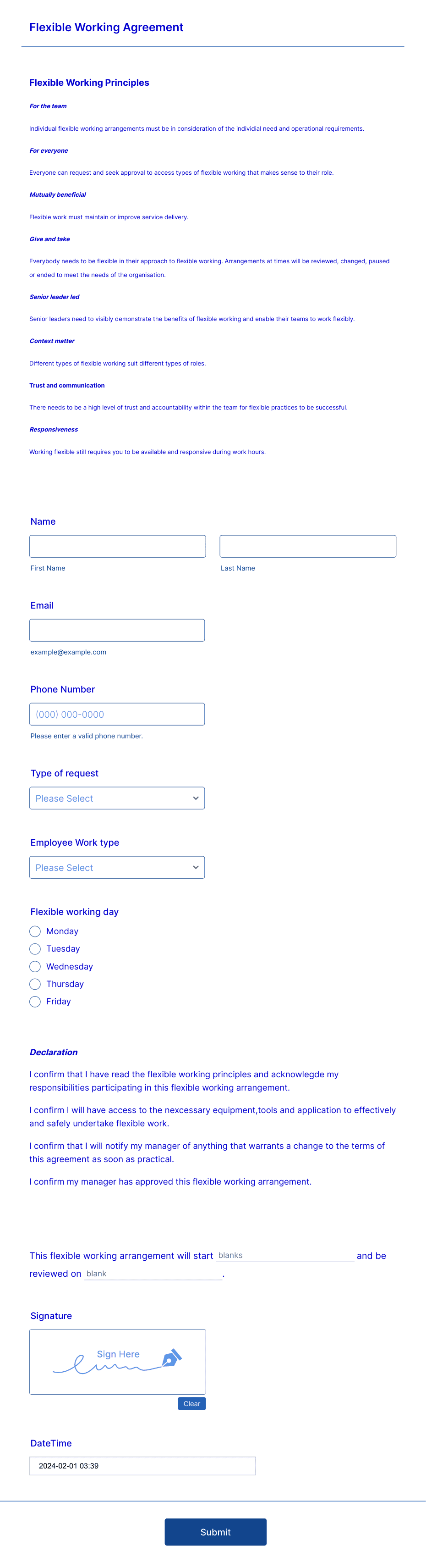 Flexible Working Arrangement Form Template | Jotform