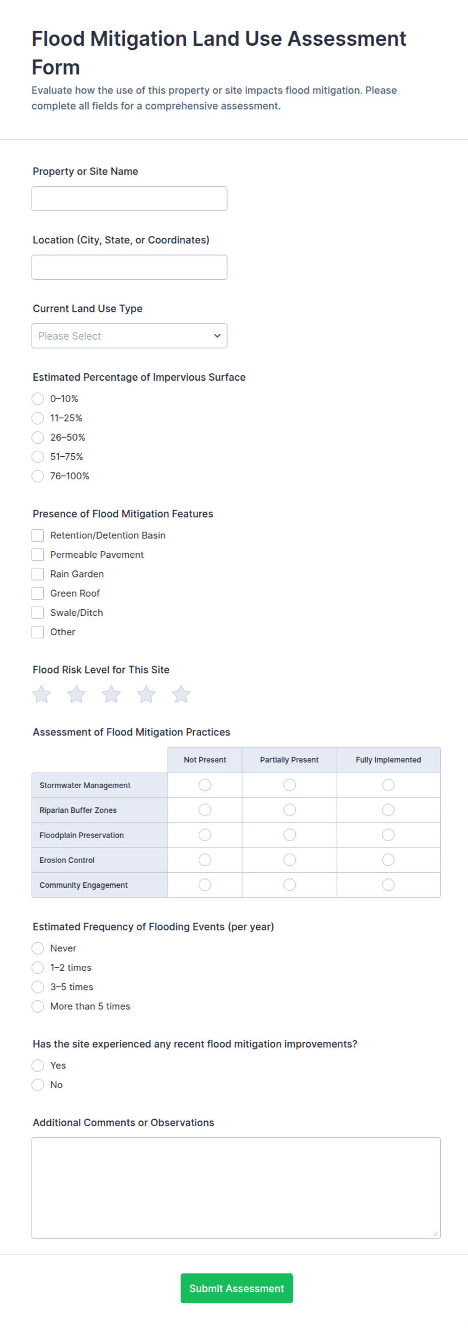 Flood Mitigation Land Use Assessment Form Template | Jotform