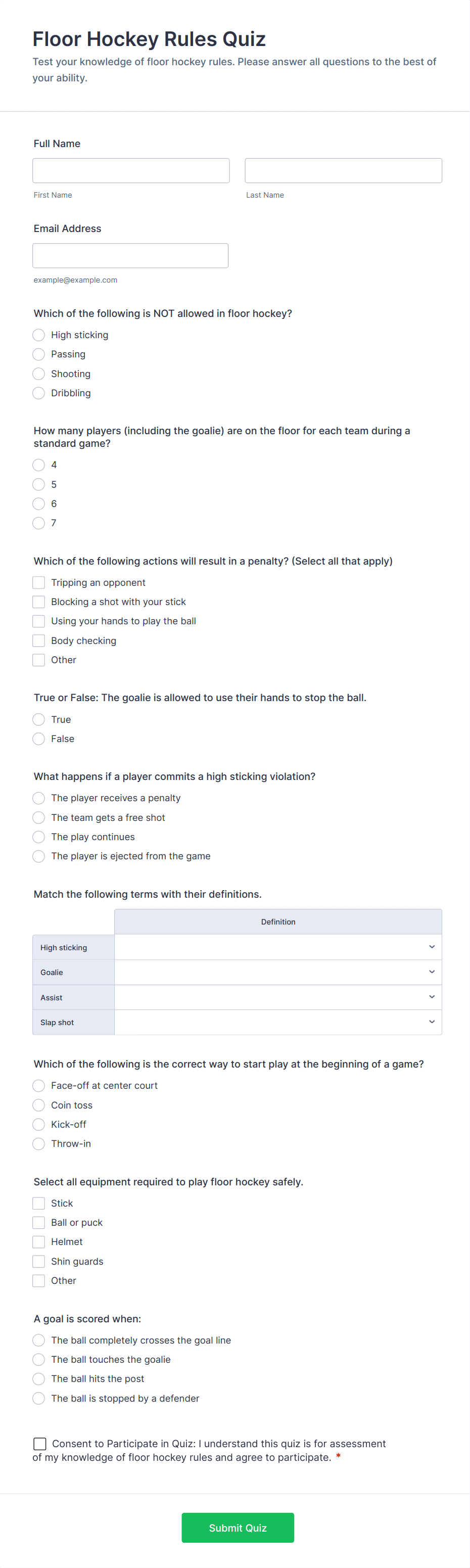 Floor Hockey Rules Quiz Form Template | Jotform
