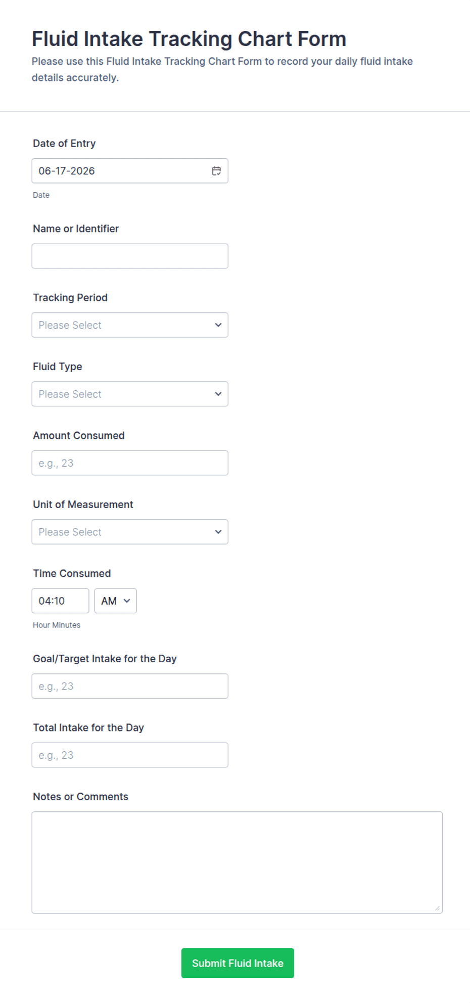 Fluid Intake Tracking Chart Form Template | Jotform