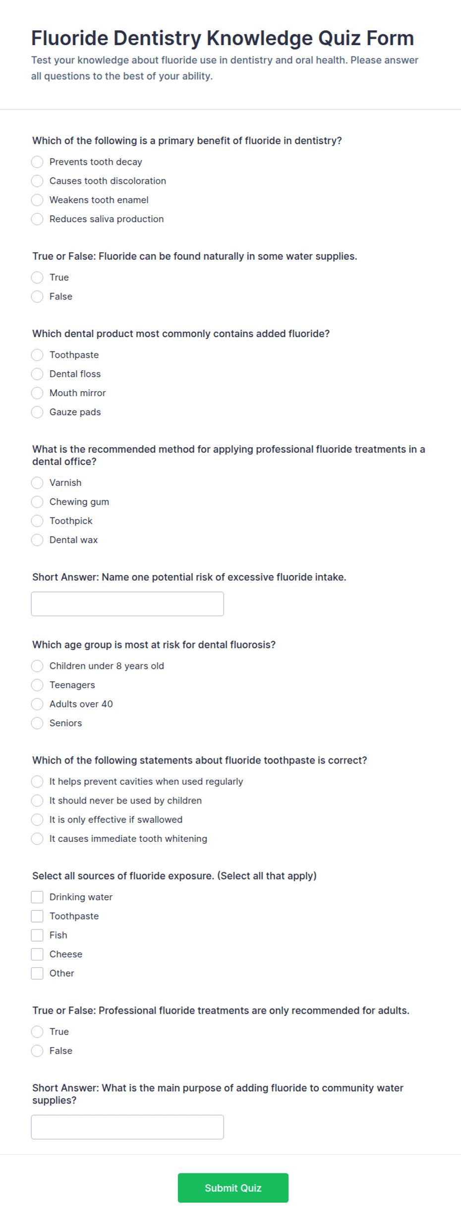 Fluoride Dentistry Knowledge Quiz Form Template | Jotform