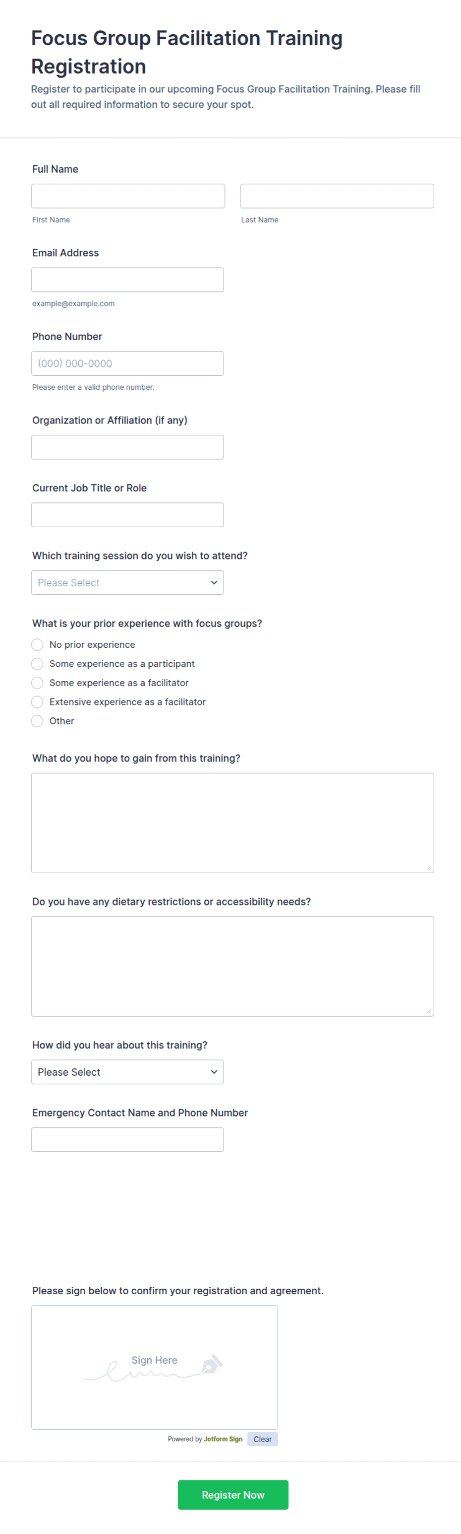 Focus Group Facilitation Training Registration Form Template | Jotform