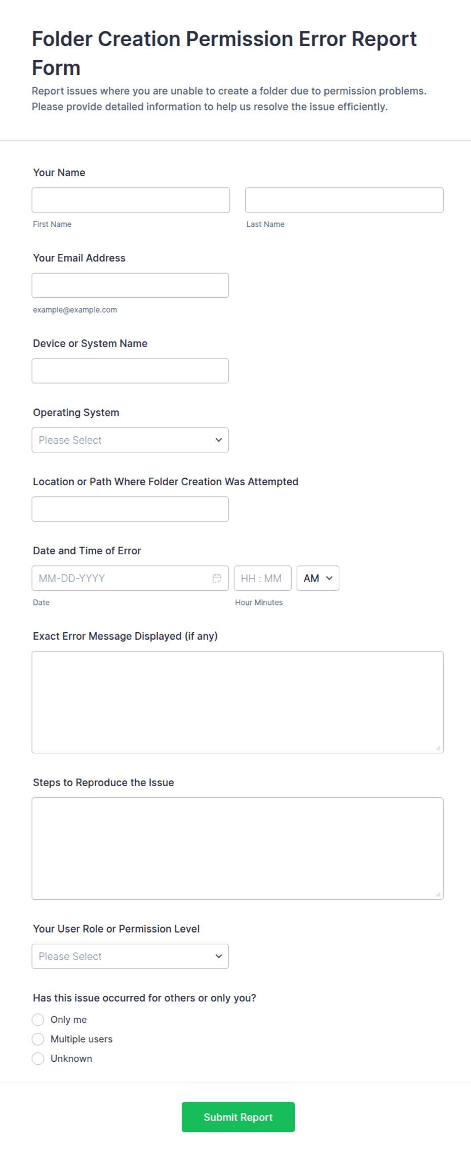 Folder Creation Permission Error Report Form Template | Jotform