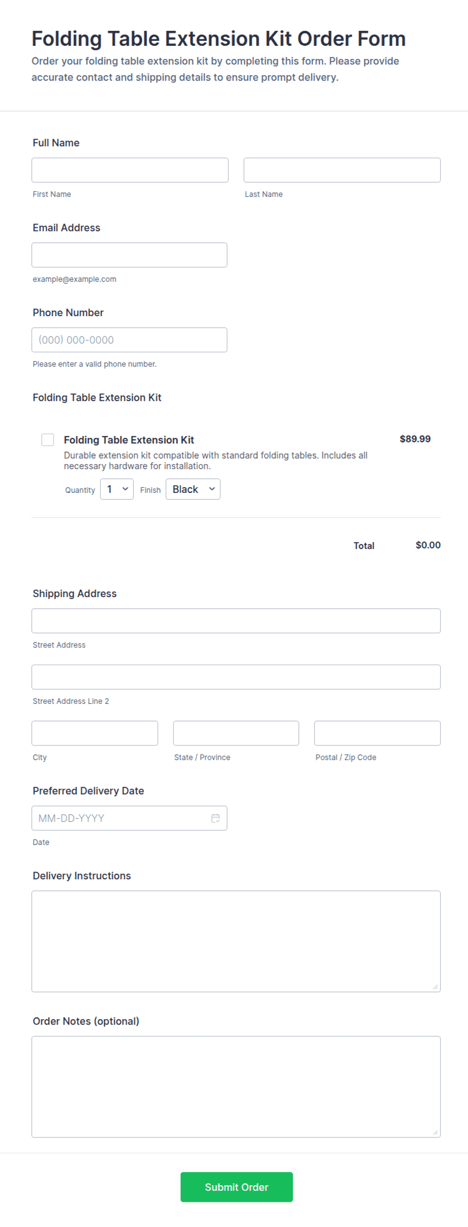 Folding Table Extension Kit Order Form Template | Jotform
