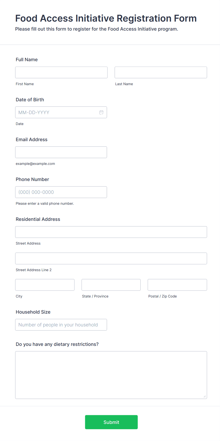 Food Access Initiative Registration Form Template | Jotform