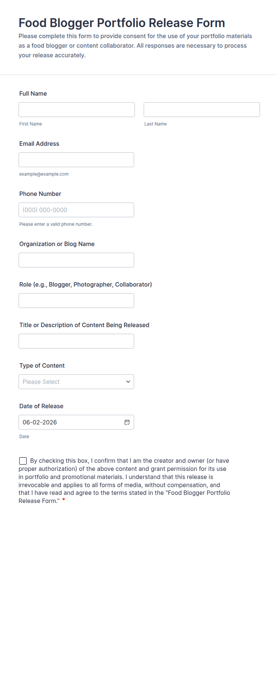 Food Blogger Portfolio Release Consent Form Template | Jotform