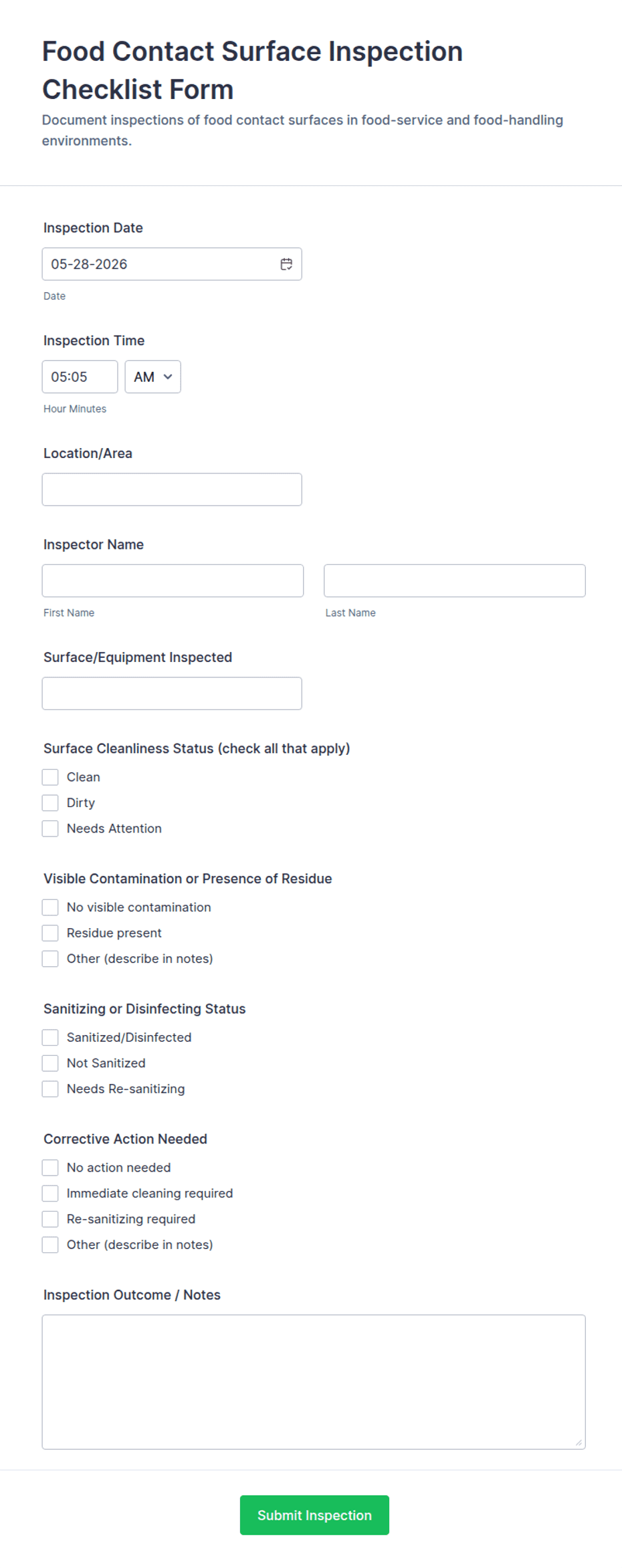 Food Contact Surface Inspection Checklist Form Template | Jotform