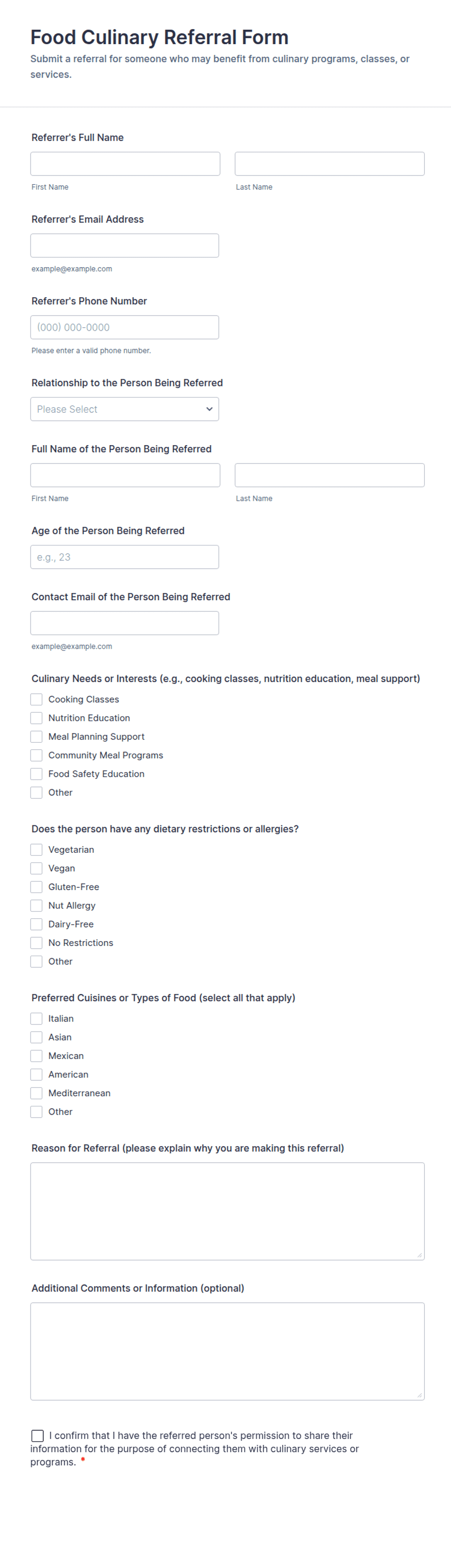 Food Culinary Referral Form Template | Jotform