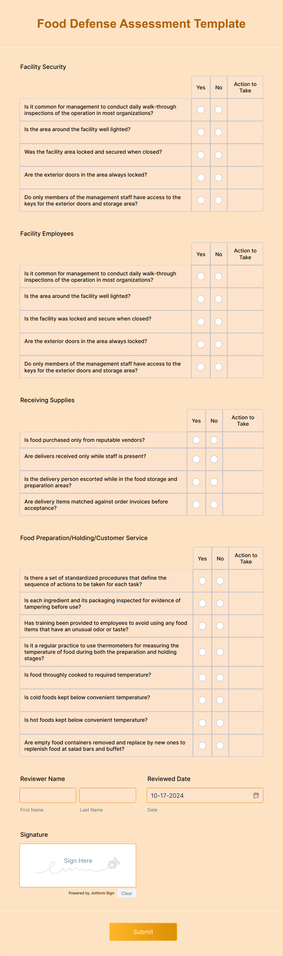 Food Defense Assessment Template Form Template | Jotform