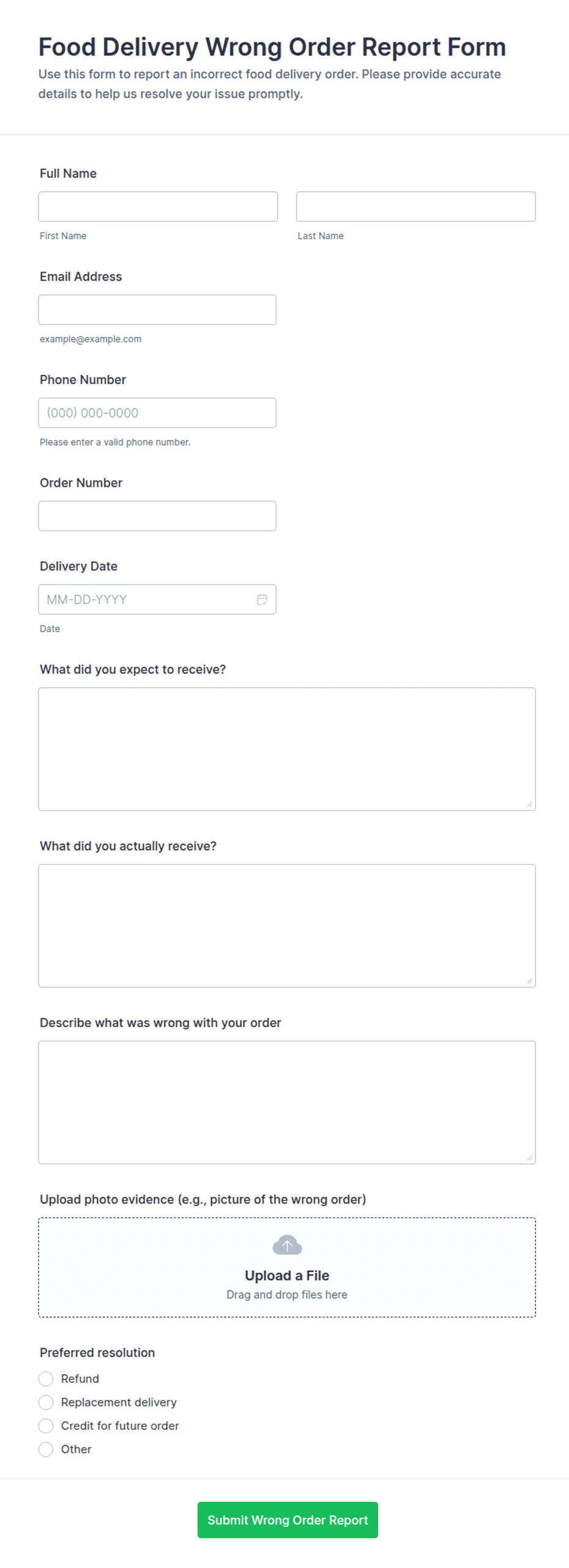 Food Delivery Wrong Order Report Form Template | Jotform