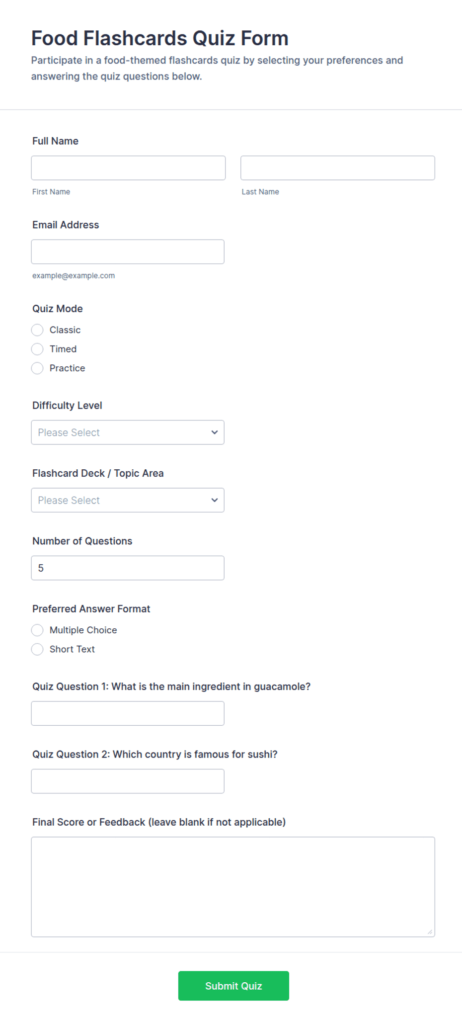 Food Flashcards Quiz Form Template | Jotform