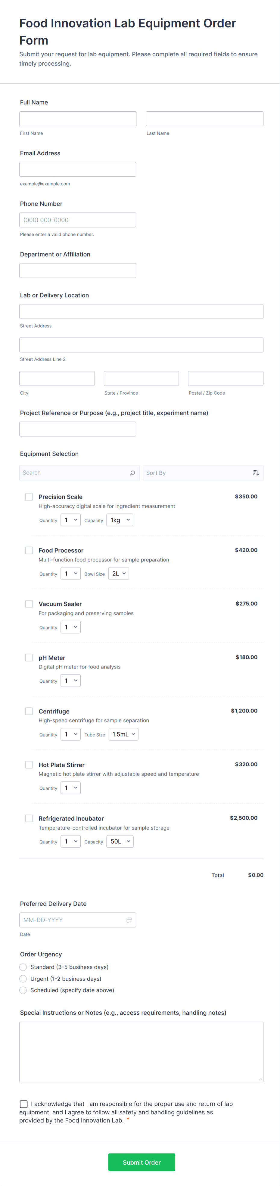 Food Innovation Lab Equipment Order Form Form Template | Jotform