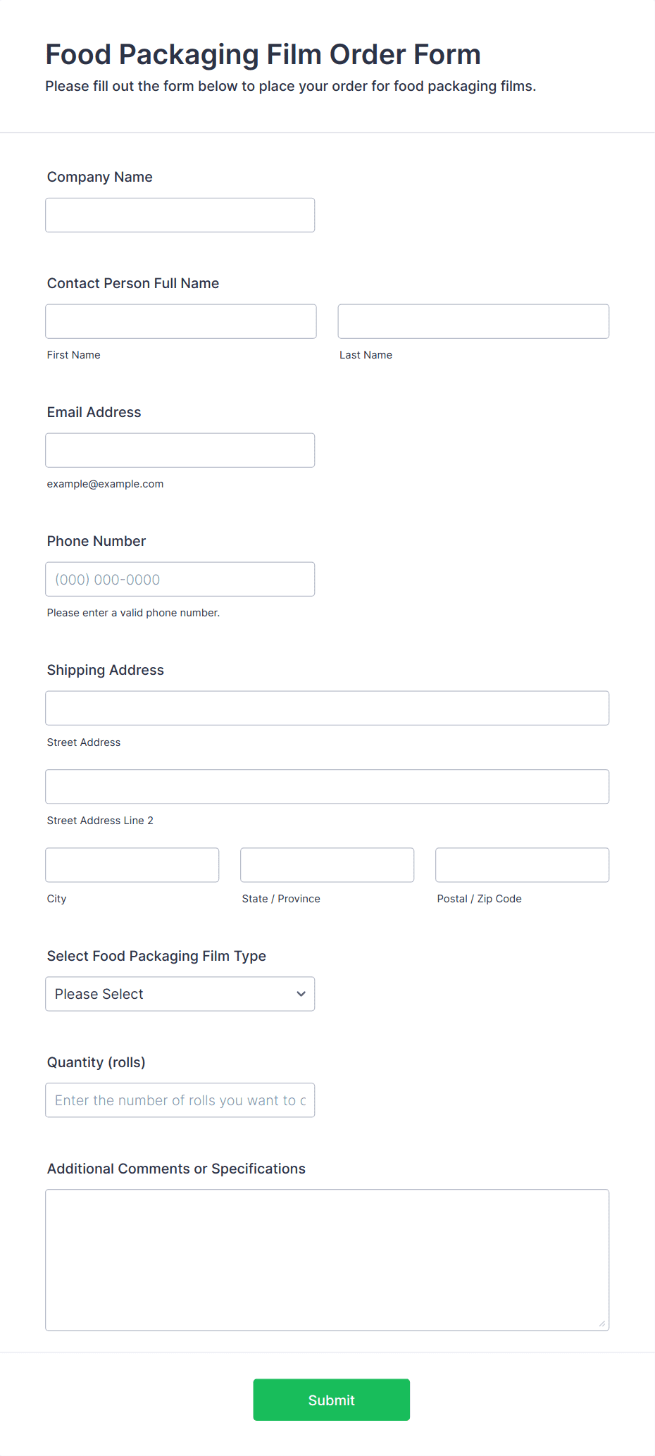 Food Packaging Film Order Form Template | Jotform