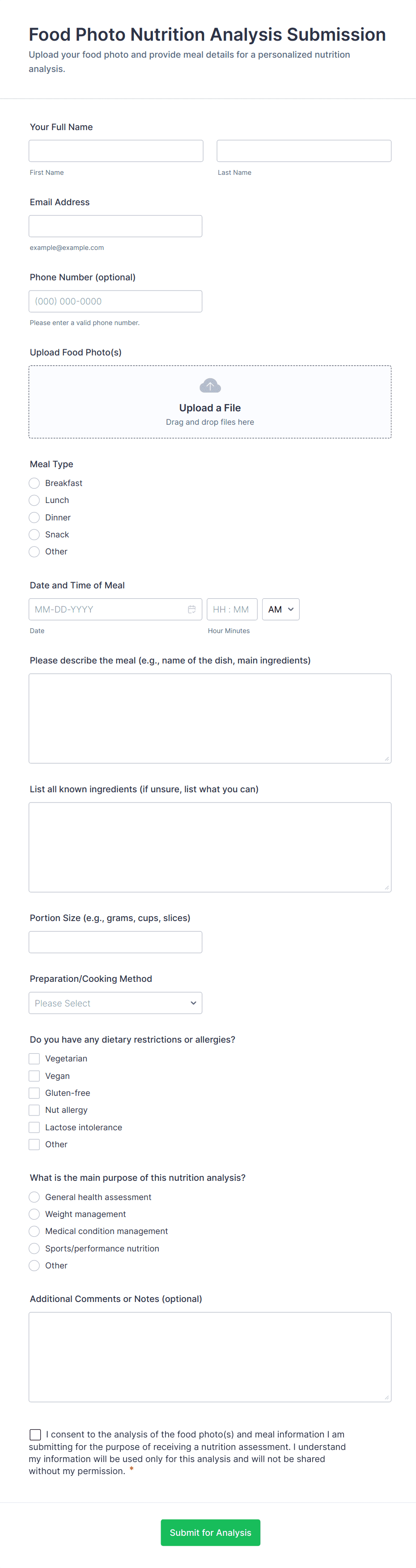 Food Photo Nutrition Analysis Submission Form Template | Jotform