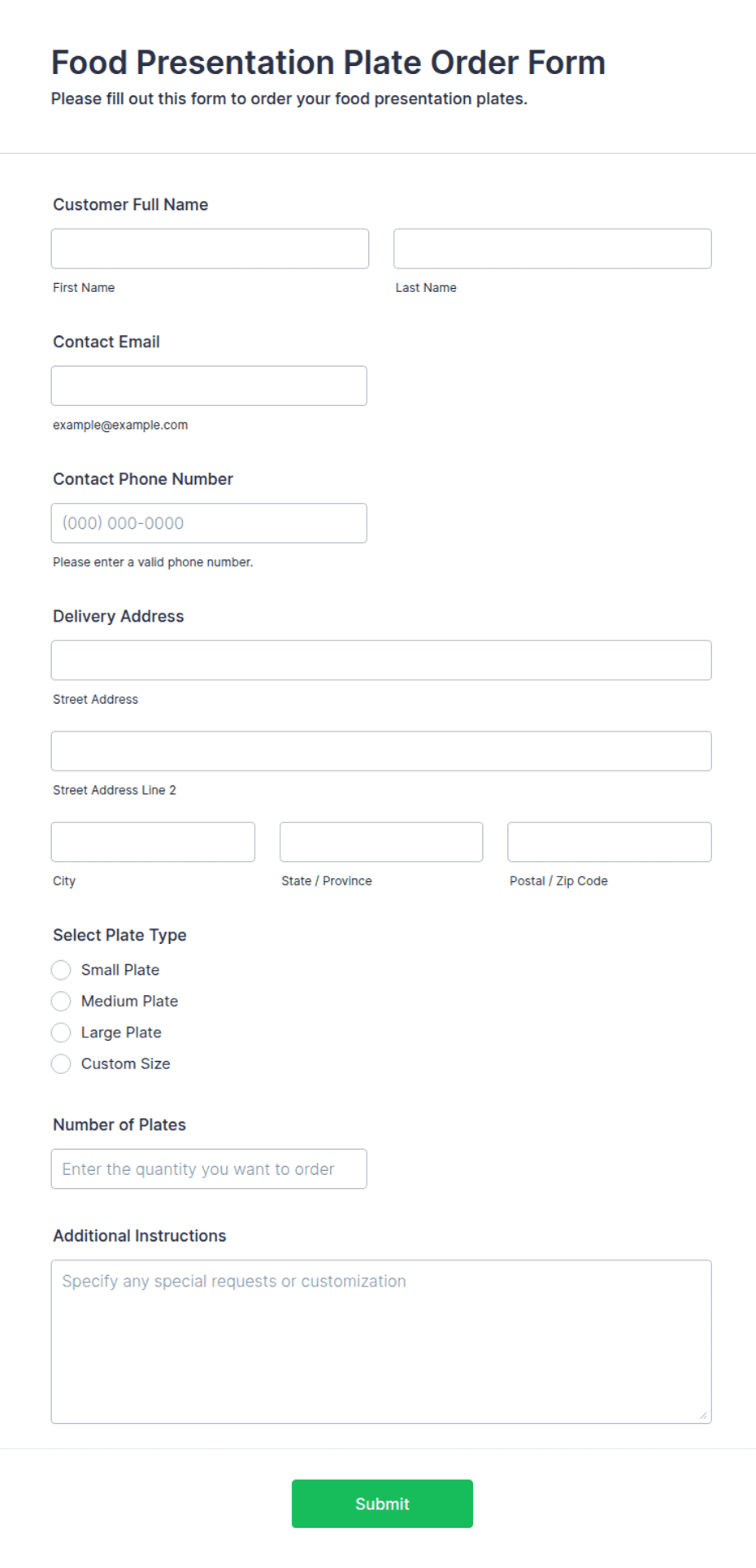 Food Presentation Plate Order Form Template | Jotform