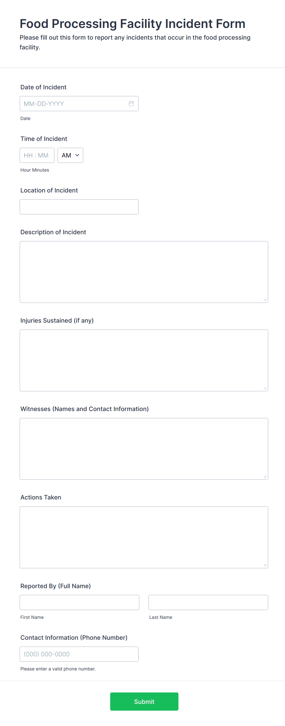 Food Processing Facility Incident Form Template | Jotform