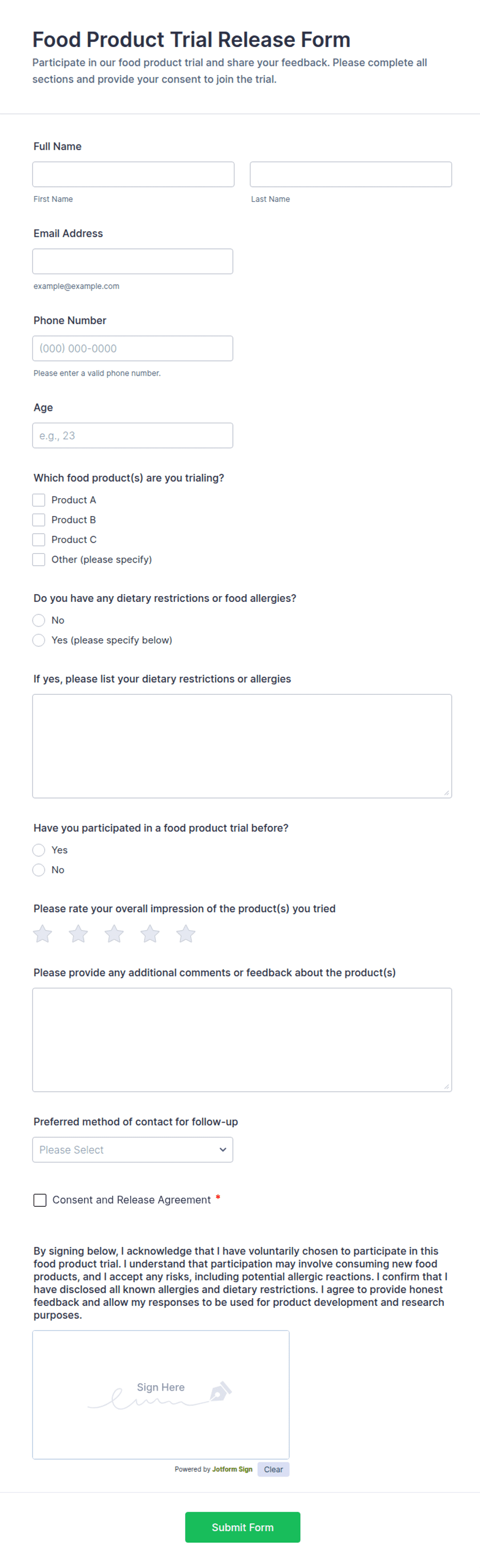 Food Product Trial Release Form Template | Jotform