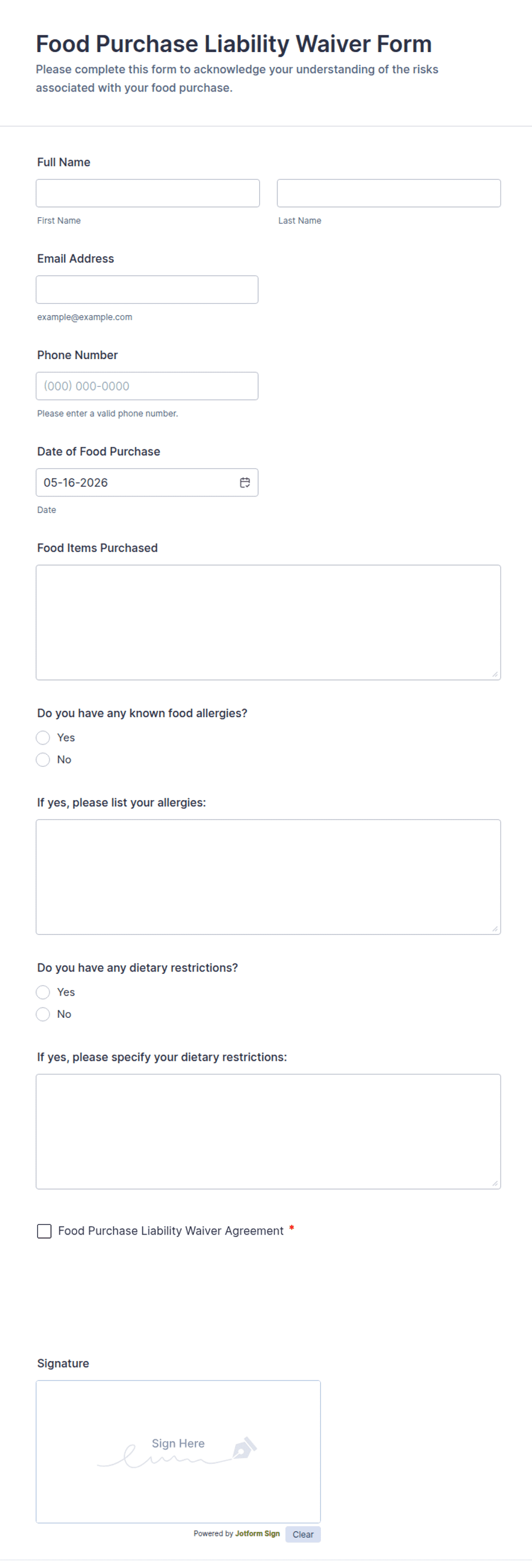 Food Purchase Liability Waiver Form Template | Jotform