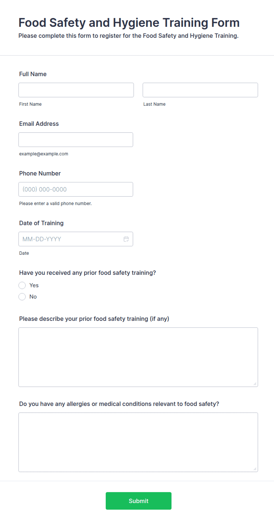 Food Safety and Hygiene Training Form Template | Jotform