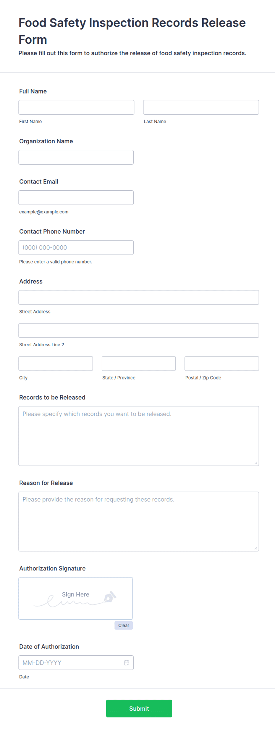 Food Safety Inspection Records Release Form Template | Jotform