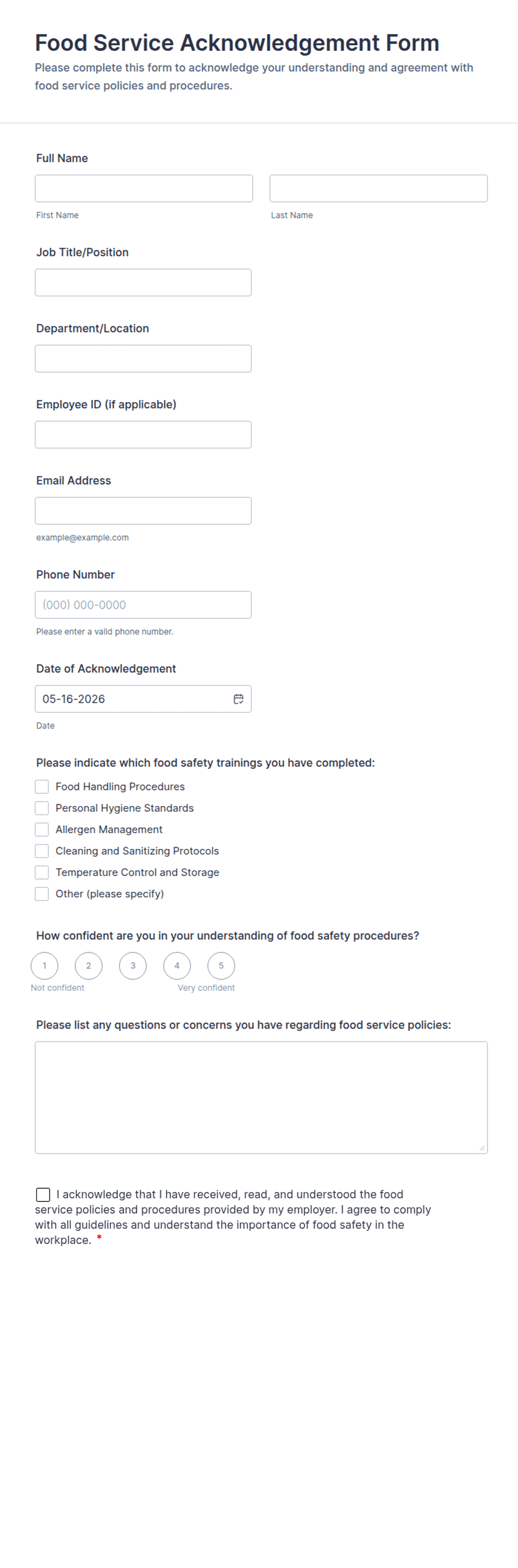 Food Service Acknowledgement Form Template | Jotform