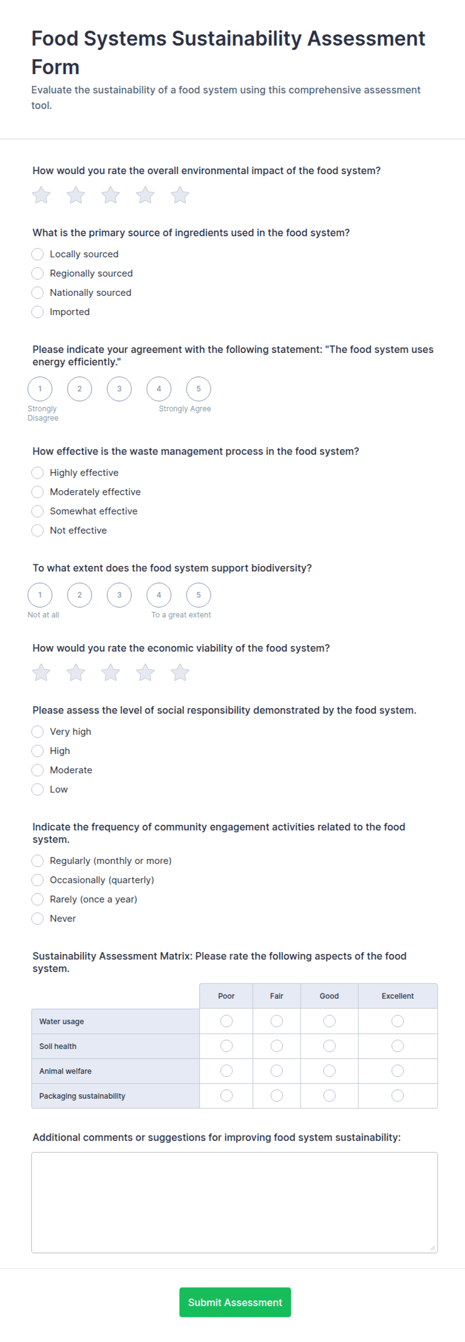 Food Systems Sustainability Assessment Form Template | Jotform