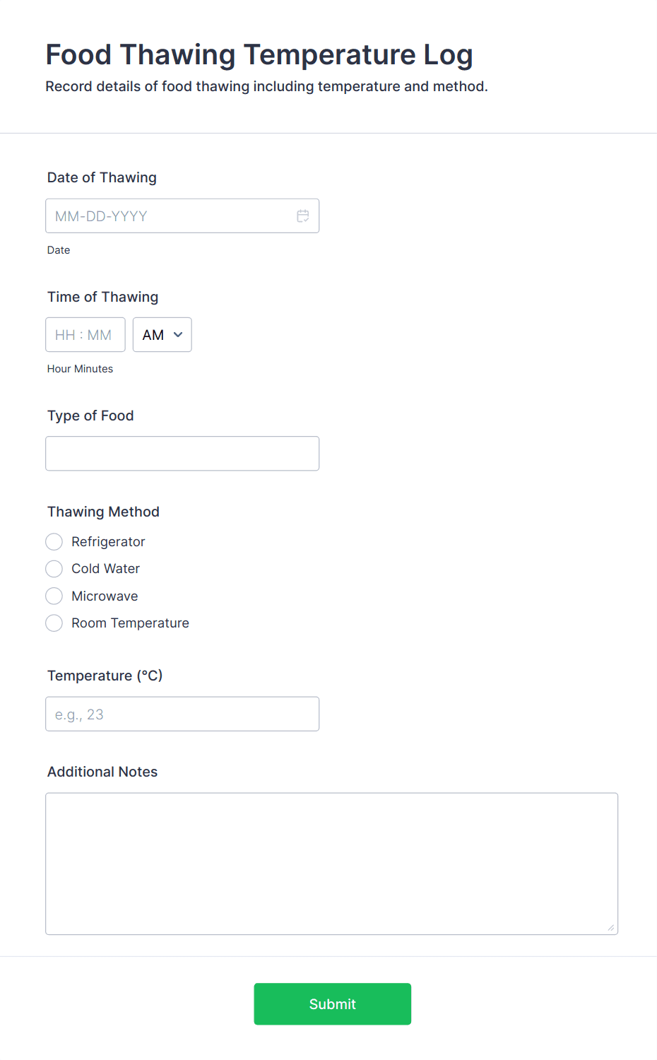 Food Thawing Temperature Log Form Template | Jotform