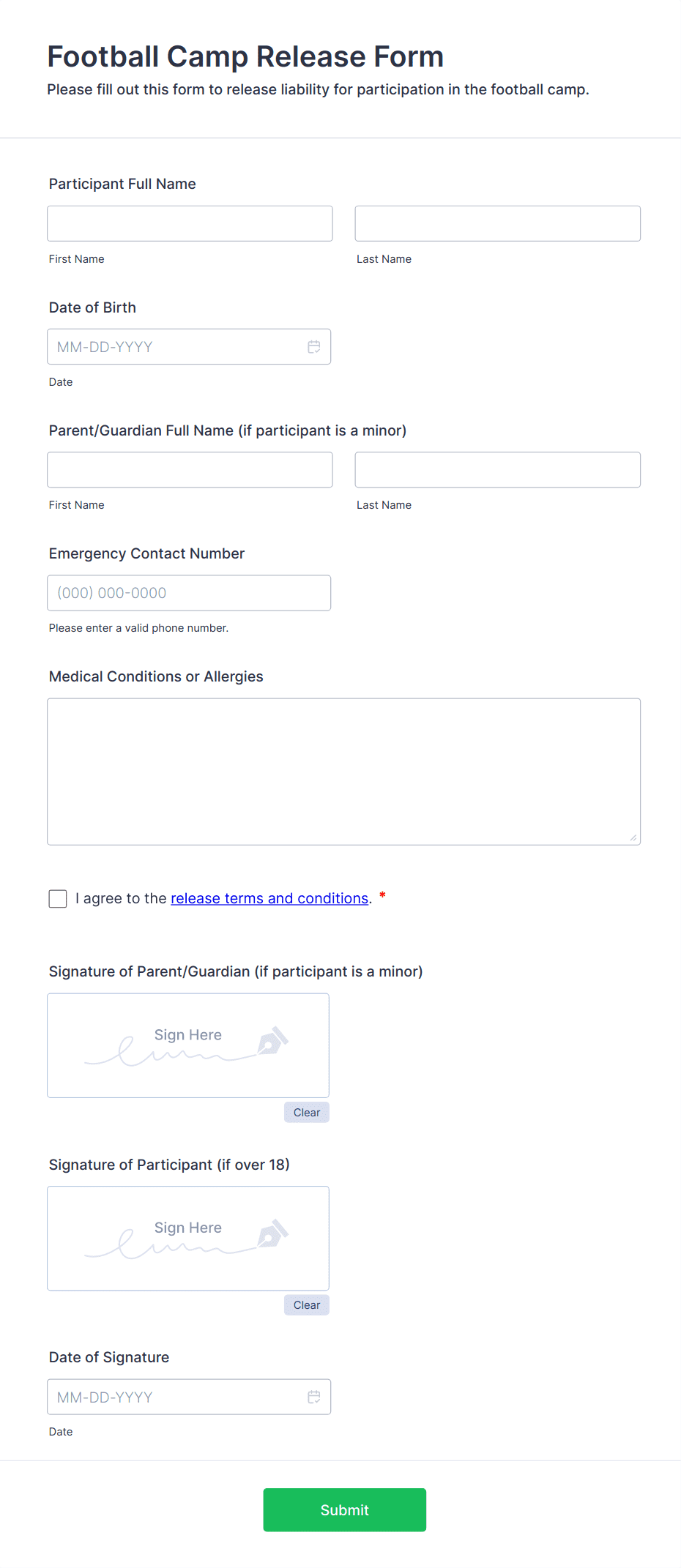 Football Camp Release Form Template | Jotform