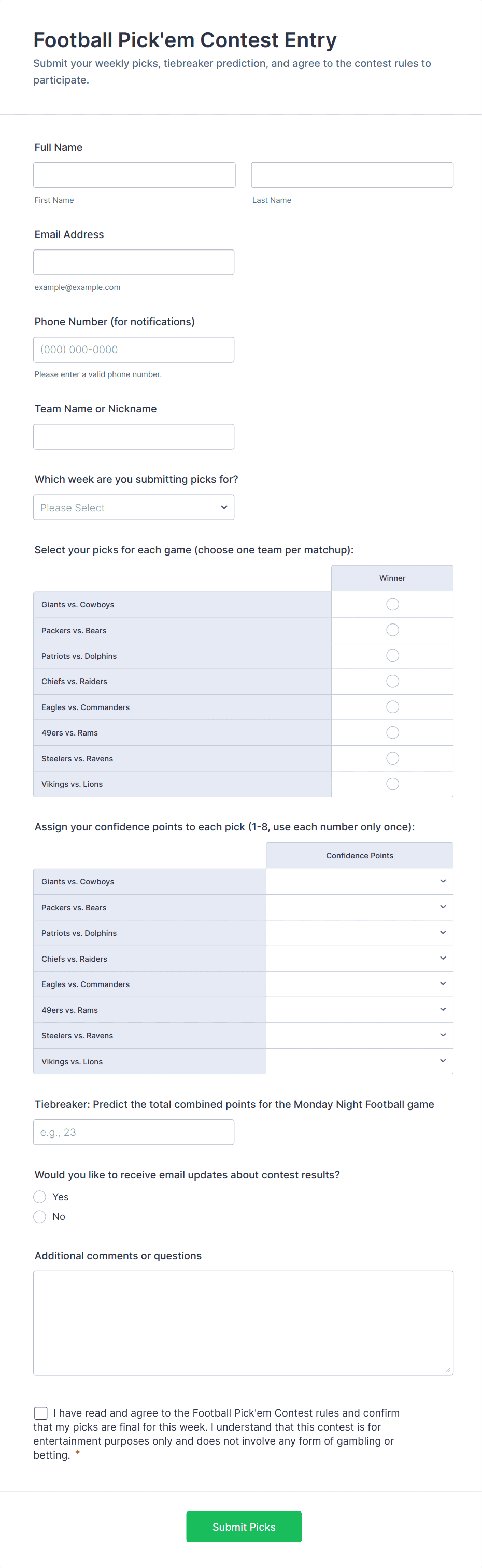 Football Pick'em Contest Entry Form Template | Jotform