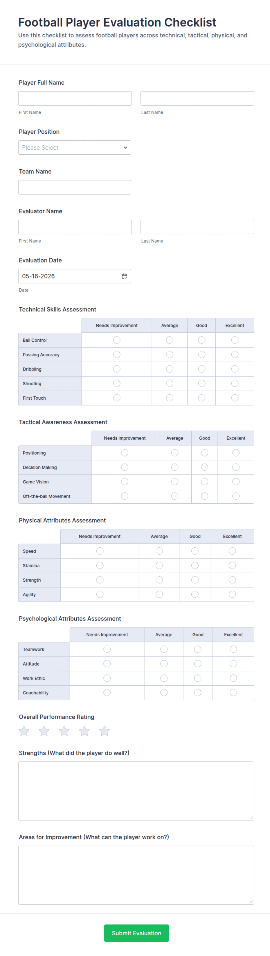 Football Player Evaluation Checklist Form Template | Jotform