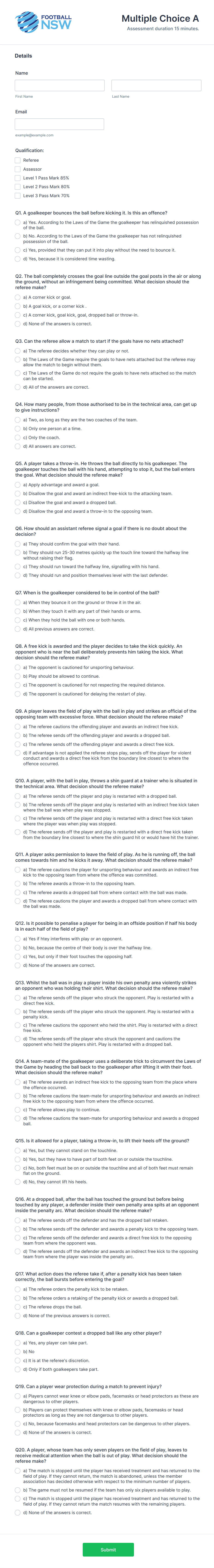 Football RefereeAssessor Examination Form Template | Jotform