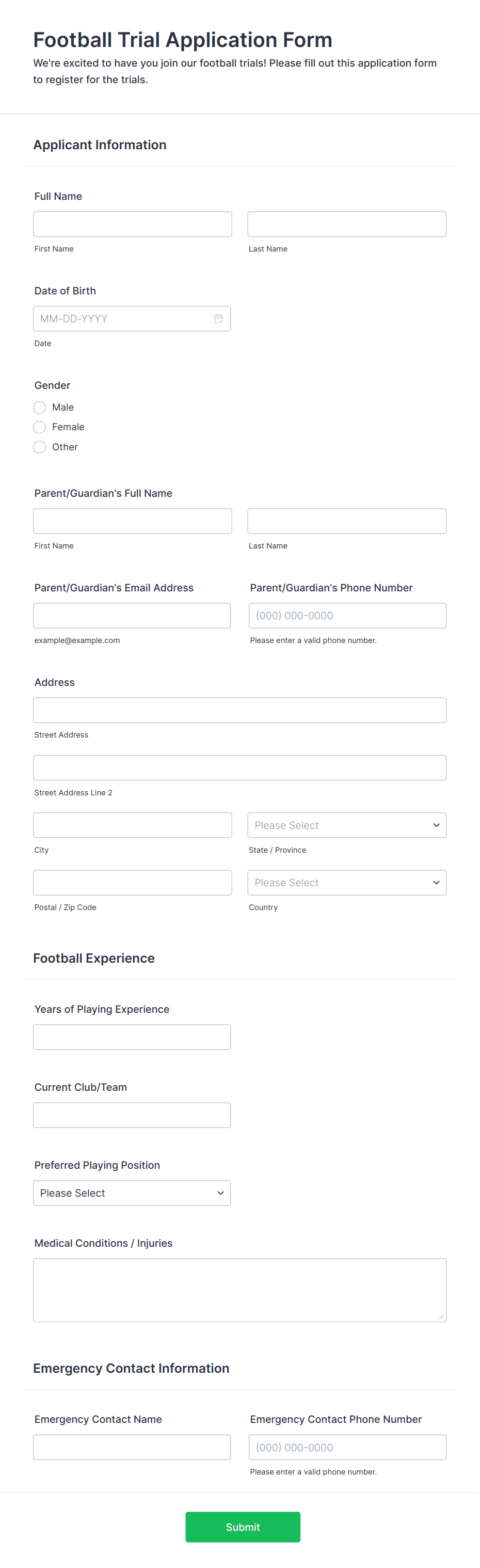 Football Trial Application Form Template | Jotform
