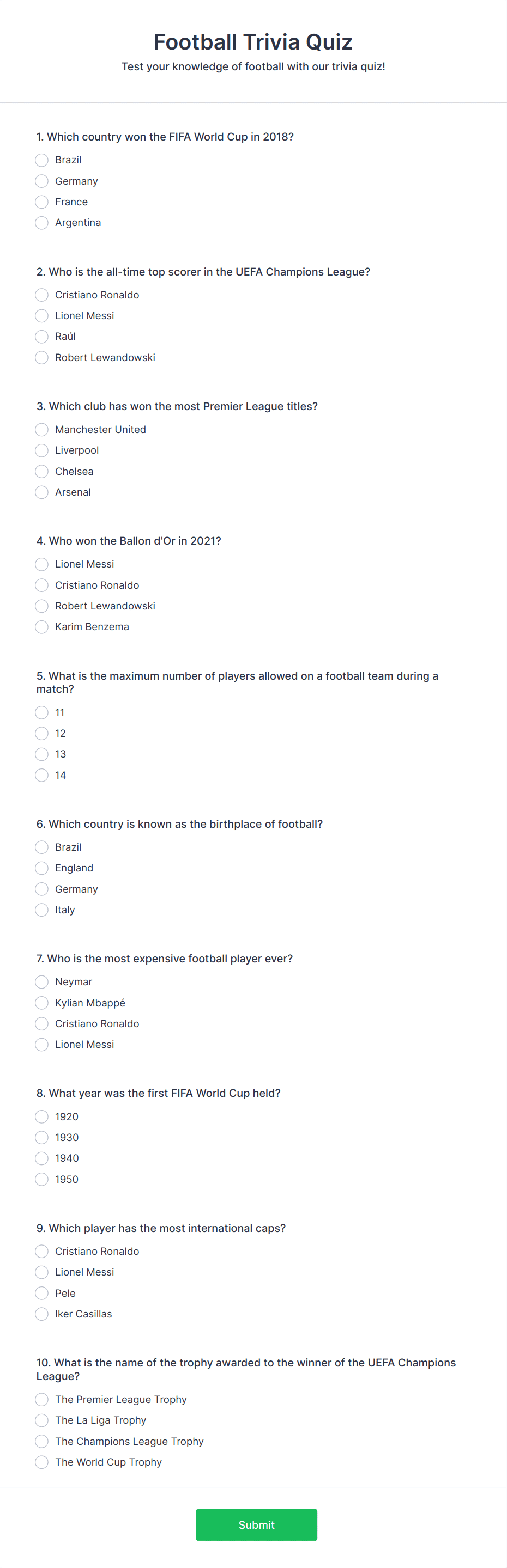 Football Trivia Quiz Form Template | Jotform