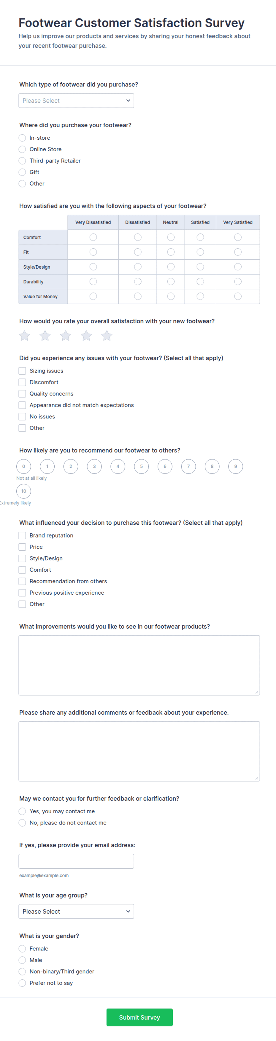 Footwear Customer Satisfaction Survey Form Template | Jotform