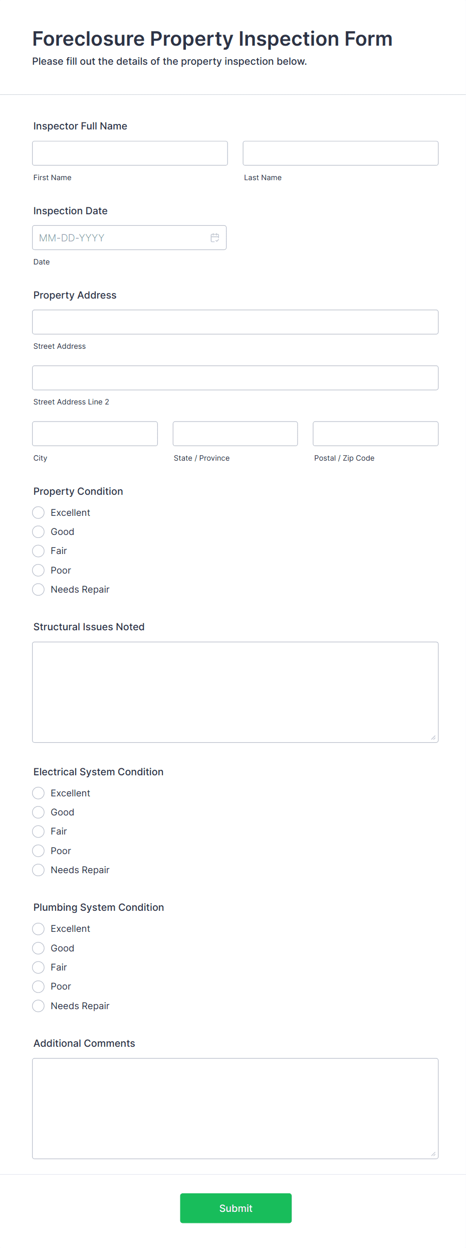 Foreclosure Property Inspection Form Template | Jotform