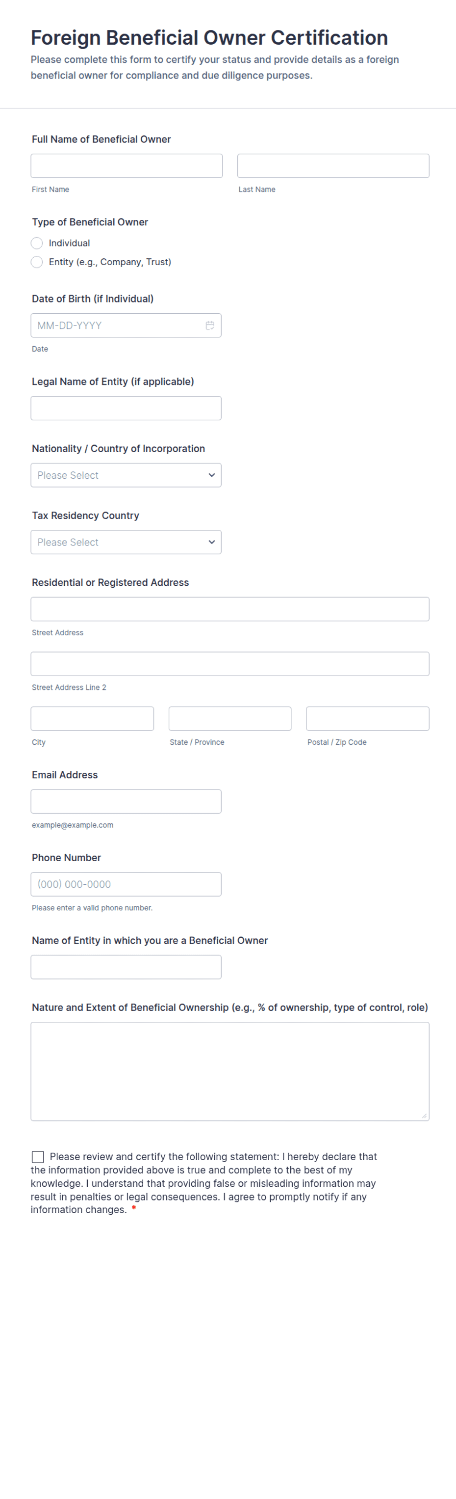 Foreign Beneficial Owner Certification Form Template | Jotform